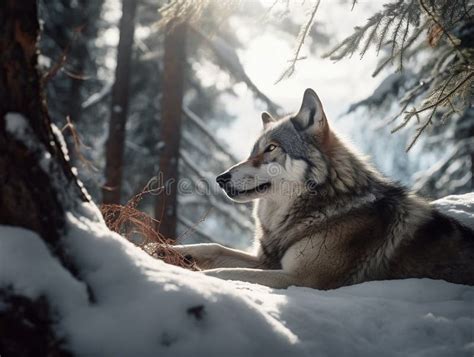 Portrait Of A Beautiful Wolf Resting In Snow In The Forest Stock
