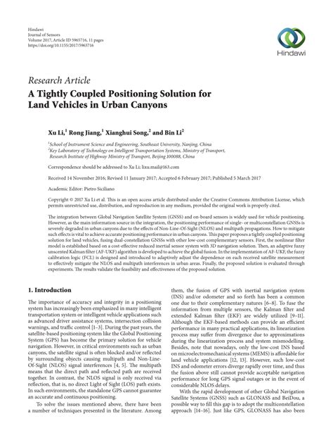 Pdf A Tightly Coupled Positioning Solution For Land Vehicles In Urban Canyons
