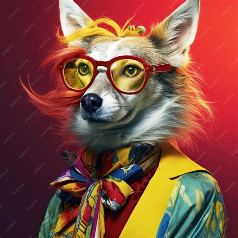 A Wolf Wearing Glasses And A Tie With A Red Background Premium Ai