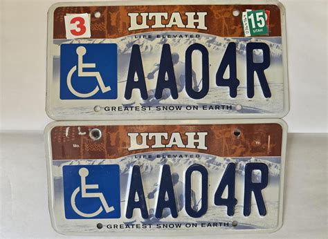 2 Utah License Plates — With Wheelchair Symbol — Matching Pair — Aa04r