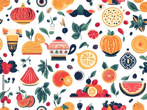 Seamless Tile Pattern Of Cartoon Yalda Symbols Flat Vector Illustrations Of Haft Seen Table