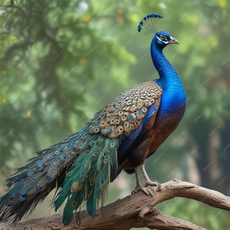 A Peacock With A Blue Tail Is Standing On A Branch With A Bug On It Premium Ai Generated Image