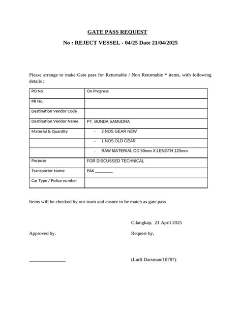 Form Gatepass Request Pdf Machines Manufactured Goods