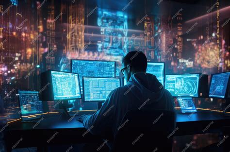 Premium Ai Image Back View Of Hacker In Hoodie Using Computer At Night Hacking And Cyber Crime