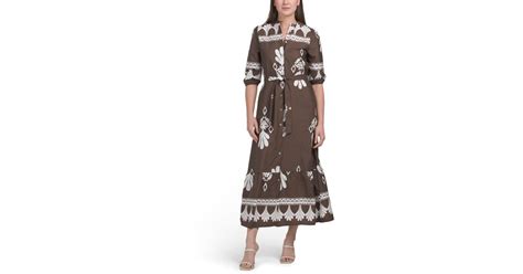 Tj Maxx Long Sleeve Border Print Maxi Dress With Belt For Cotton In