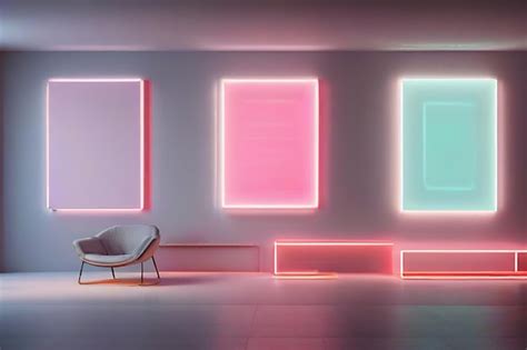 Unique Poster Design Moukup On Empty Wall And Soft Neon Light