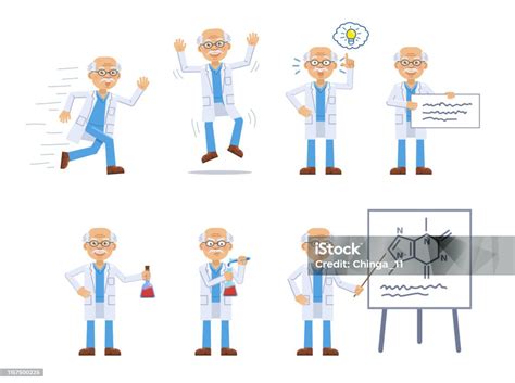 다른 상황에서 포즈를 취하는 오래된 교수 캐릭터의 집합입니다 쾌활한 교수 달리기 점프 포인팅 물약 혼합 배너 들고 교육 교사 교육 관련 직업에 대한 스톡 벡터 아트 및 기타