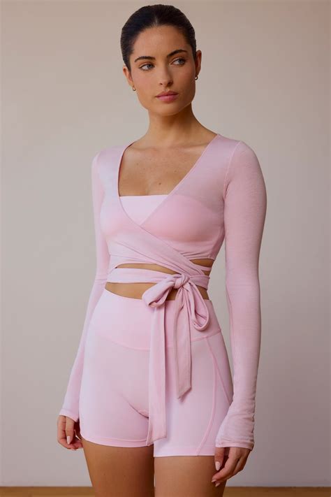 Long Sleeve Wrap Crop Top In Soft Pink Oh Polly