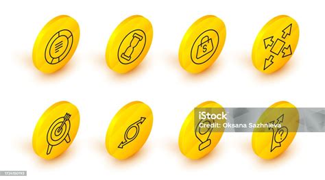 선 화살표 위치 대상 여러 가지 방향 화살표 판매가 있는 쇼핑백 오래된 모래시계 모래 및 파이 차트 인포그래픽 아이콘을 설정합니다 벡터 3차원 형태에 대한 스톡 벡터 아트