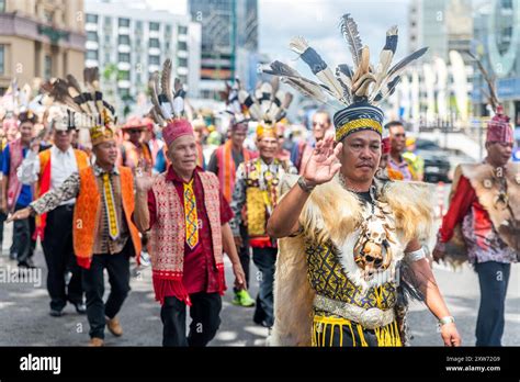 Iban Parade In Traditional Costumes During Gawai Dayak Celebration Kuching Malaysia Stock