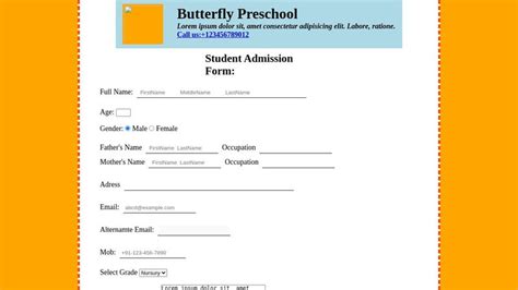 Preschool Admission Form Using Html Css