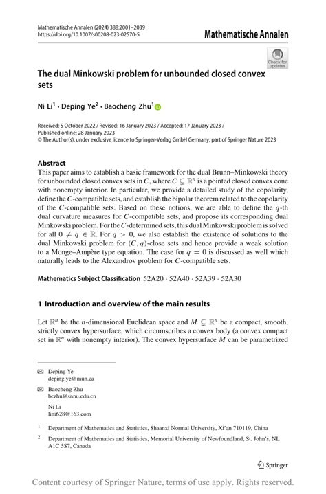 The Dual Minkowski Problem For Unbounded Closed Convex Sets Request Pdf