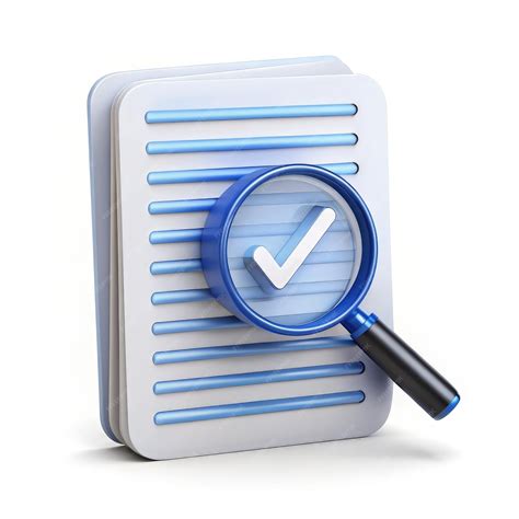 Blue Checkmark Icon On White Document Sheet With Magnifying Glass