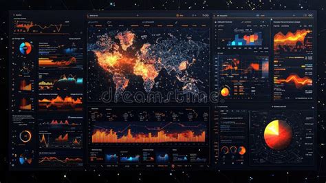Abstract Data Visualization With A World Map In The Center And Various Charts Graphs And Numbers