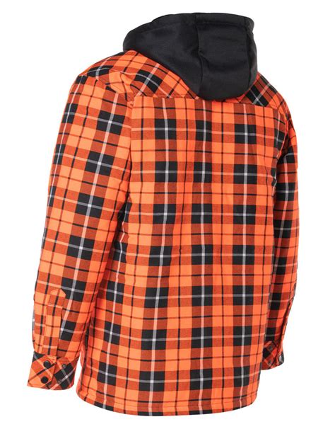 Hi Vis Orange Tartan Plaid Hooded Quilt Lined Flannel Shirt Jacket Wit