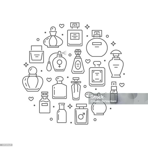 향수 병 얇은 라인 아이콘과 원 포스터 벡터 일러스트에는 유리 분무기 퍼퓸 샘플러 에센셜 오일 화장품 매장 전단지 또는 브로셔용 쾰른 윤곽 그림으로 아이콘이 포함되어