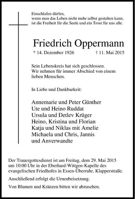 Traueranzeigen Von Friedrich Oppermann Trauer In Nrw De
