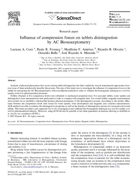 Pdf Influence Of Compression Forces On Tablets Disintegration By Ac Biosusceptometry