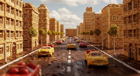 Gingerbread City Street With Toy Cars And Strawberries Stock