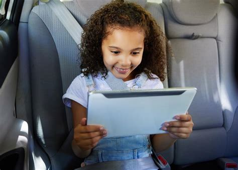 Happy Car And Girl With Tablet Safety And Streaming Cartoons With