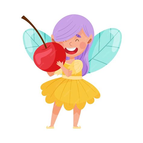 Premium Vector Smiling Fairy Or Pixie With Wings Holding Cherry