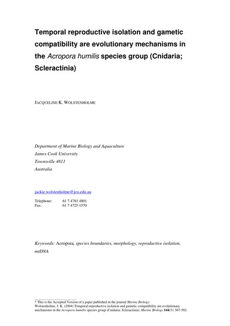 Pdf Temporal Reproductive Isolation And Gametic Compatibility Are