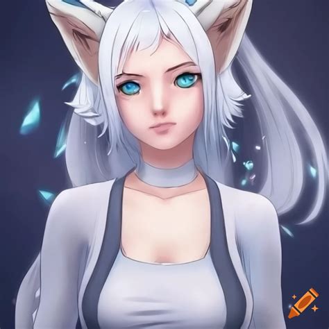 Character With White Long Hair Diamond Blue Eyes Wolf Ears And Tail In Small Skintight