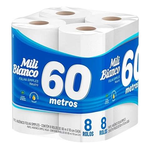 Papel Higiênico Mili Bianco Neutro Folha Simples 8 Unidades Com 60m