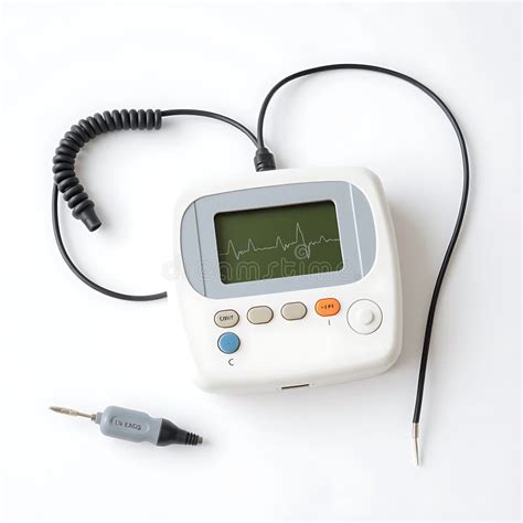 A Compact Portable Ecg Machine With Coiled Electrode Leads Placed On White Stock Illustration