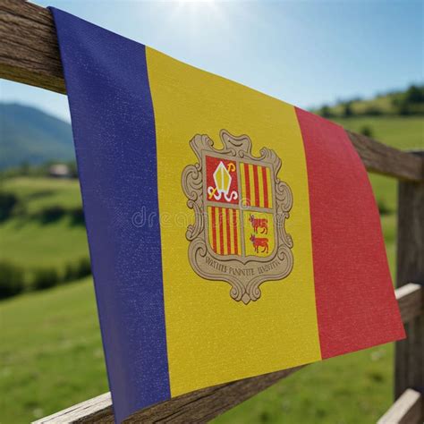 Flag Of Andorra Hanging On A Wooden Fence The Flag Features Vertical