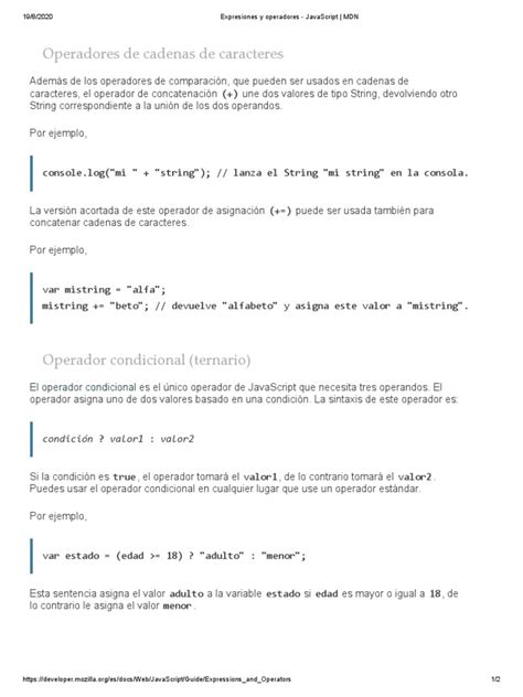 Expresiones Y Operadores 2 Javascript Mdn Pdf Informática
