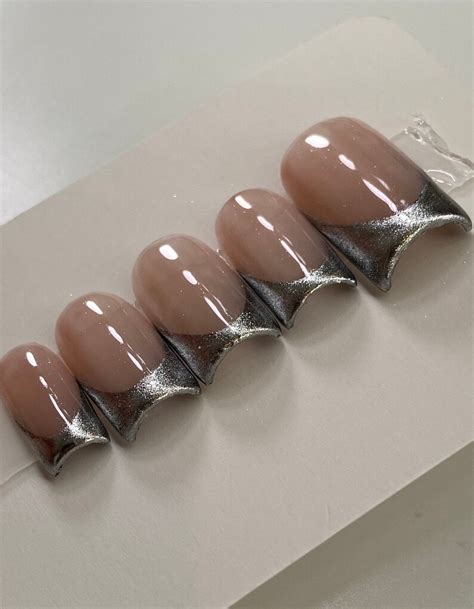Chrome Frenchies Silver Chrome Presson Nails Chrome French Tips Nails Etsy