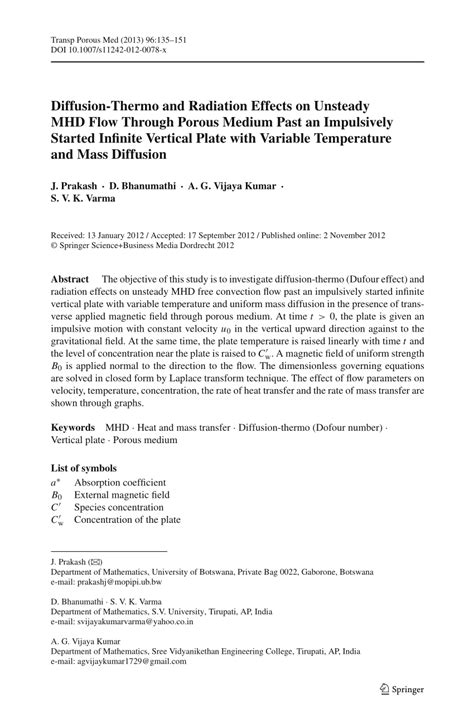 Pdf Diffusion Thermo And Radiation Effects On Unsteady Mhd Flow