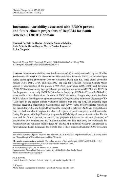 Pdf Interannual Variability Associated With Enso Present And Future