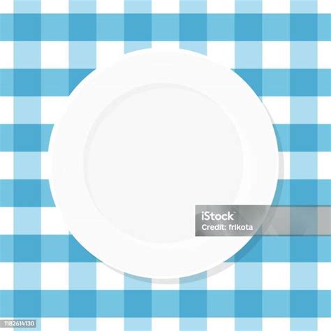 파란색 체크 무늬 식탁보에 흰색 빈 접시 맨 위 보기 벡터 일러스트레이션 플랫 디자인 스페인에 대한 스톡 벡터 아트 및 기타 이미지 스페인 저녁 식사 전통 Istock