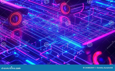 A Blue Background Displays A Low Polygon Cctv Security Camera Wireframe Mesh Stock Image