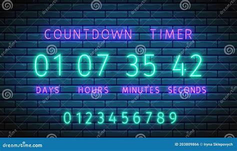 Countdown Timer Neon Clock Counter Vector Illustration Glowing Scoreboard On Brick Wall Stock