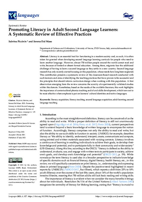 Pdf Promoting Literacy In Adult Second Language Learners A Systematic Review Of Effective