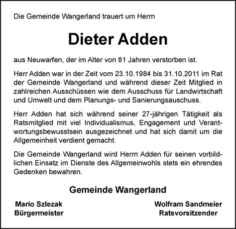 Traueranzeigen Von Dieter Adden Nordwest Trauer De