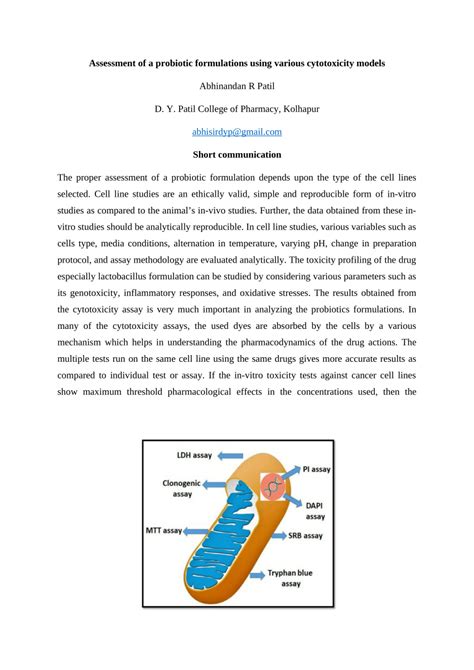 Pdf Assessment Of A Probiotic Formulations Using Various Cytotoxicity Models Abhinandan R Patil