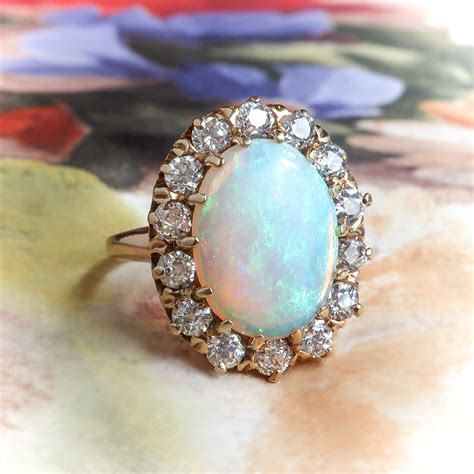 Antique Opal Diamond Ring Circa 1900s 4 94ct T W European Cut Diamond