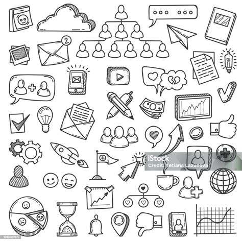 낙서 소셜 미디어 네트워크 스마트 폰 전화 컴퓨터 벡터 세트 웹 커뮤니티와 같은 소셜 네트워크 스케치 통신 친화적 인 통신 아이콘에 대한 스톡 벡터 아트 및 기타 이미지