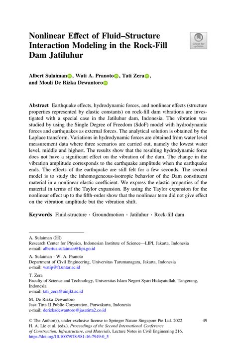 Pdf Nonlinear Effect Of Fluidstructure Interaction Modeling In The Rock Fill Dam Jatiluhur