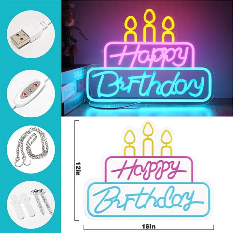 16x12 Happy Birthday Neon Sign For Wall Decor Dimmable