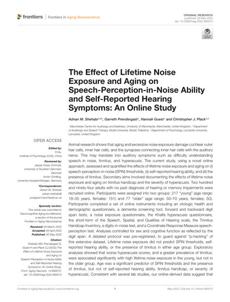 Pdf The Effect Of Lifetime Noise Exposure And Aging On Speech Perception In Noise Ability And