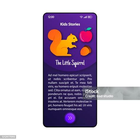 어린이 스마트 폰 인터페이스 벡터 템플릿에 대한 짧은 이야기 모바일 앱 페이지 바이올렛 디자인 레이아웃입니다 동화 화면입니다 응용 프로그램에 대한 평면 Ui 미취학 아동을