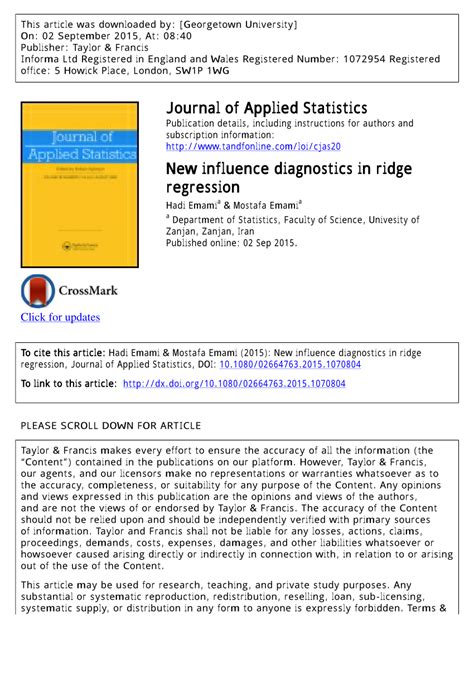 Pdf New Influence Diagnostics In Ridge Regression