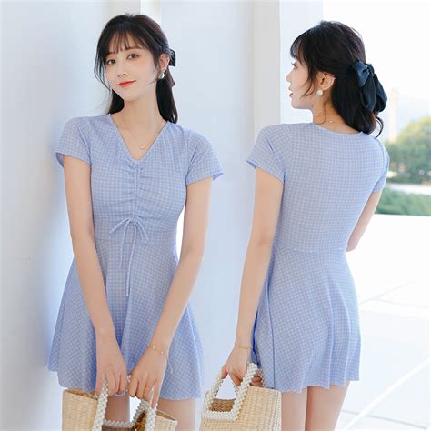 로이핏 원피스 비키니 미니 스트링 리본 셔링 브이넥 반팔 체크 슬림 체형 커버 수영복 귀여운 러블리 워터파크룩 풀파티룩