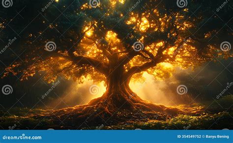 Majestic Ancient Tree Glowing In Sunlight Roots Exposed Stock Illustration Illustration Of
