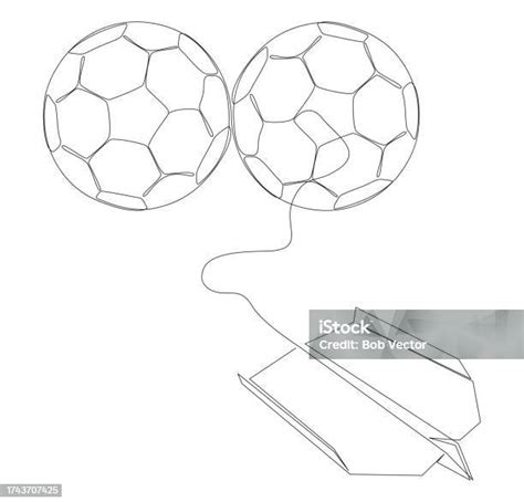 축구공이 있는 종이 비행기의 연속 라인 하나 가는 선 그림 벡터 개념입니다 등고선 그리기 창의적인 아이디어